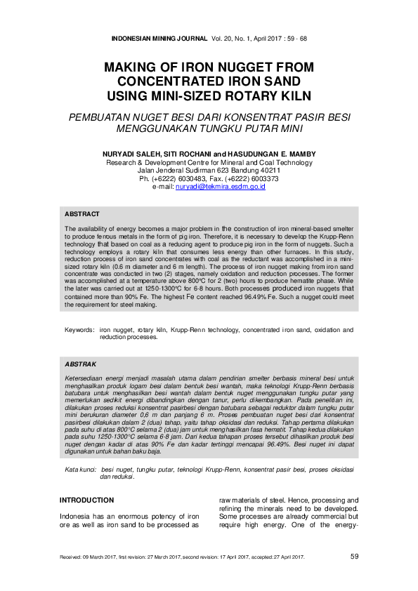 (PDF) Making of iron nugget from concentrated iron sand using mini ...