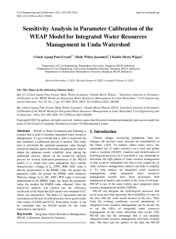 (PDF) Sensitivity Analysis in Parameter Calibration of the WEAP Model for Integrated Water ...