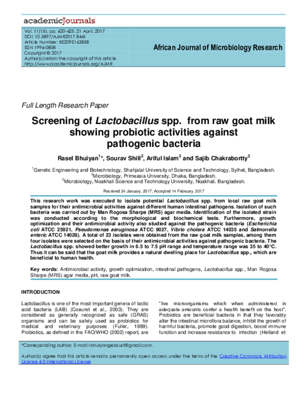 (PDF) Screening of Lactobacillus spp. from raw goat milk showing probiotic activities against ...