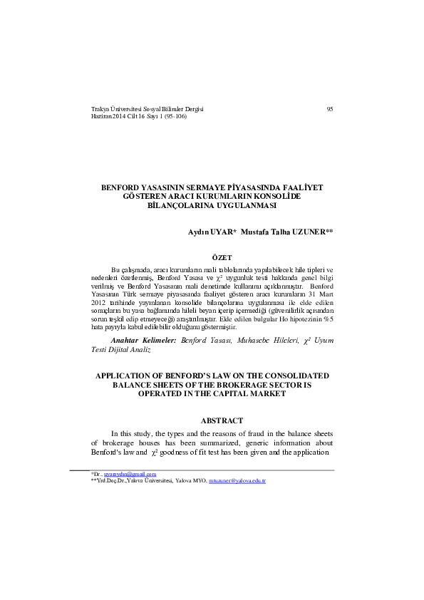 (PDF) Benford Yasasinin Sermaye Pi̇yasasinda Faali̇yet Gösteren Araci ...