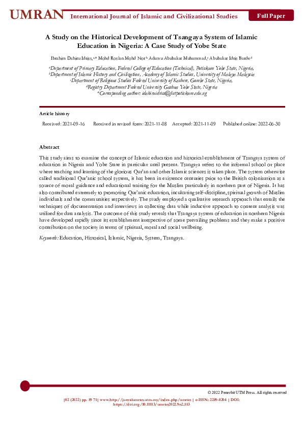 (PDF) A Study on the Historical Development of Tsangaya System of ...