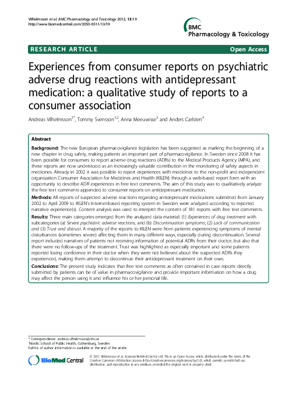 (PDF) Consumer Reports on Antidepressant ADRs