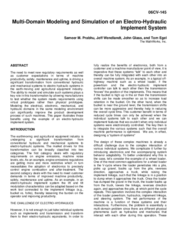 Pdf Multi Domain Modeling And Simulation Of An Electro Hydraulic Implement System Sameer