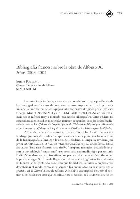 (PDF) Bibliografía francesa sobre la obra de Alfonso X. Años 2003-2004
