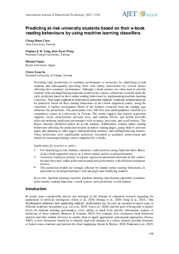 (PDF) Predicting at-risk university students based on their e-book reading behaviours by using ...