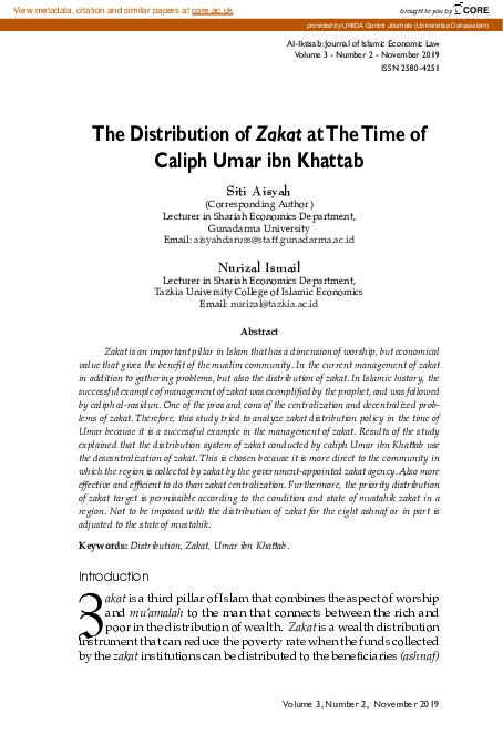 (PDF) The Distribution of Zakat at The Time of Caliph Umar ibn Khattab
