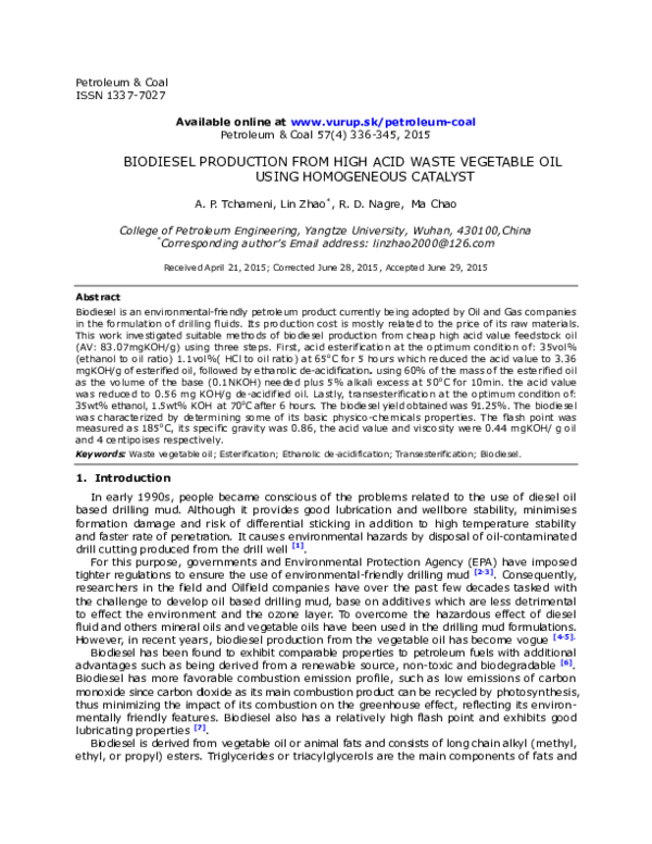 (PDF) Biodiesel Production from High Acid Waste Vegetable Oil Using ...