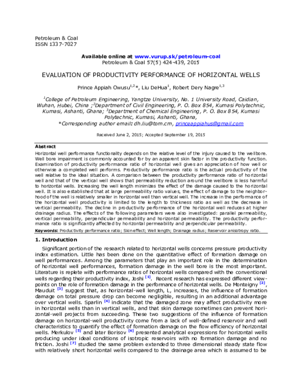 (PDF) Evaluation of Productivity Performance of Horizontal Wells