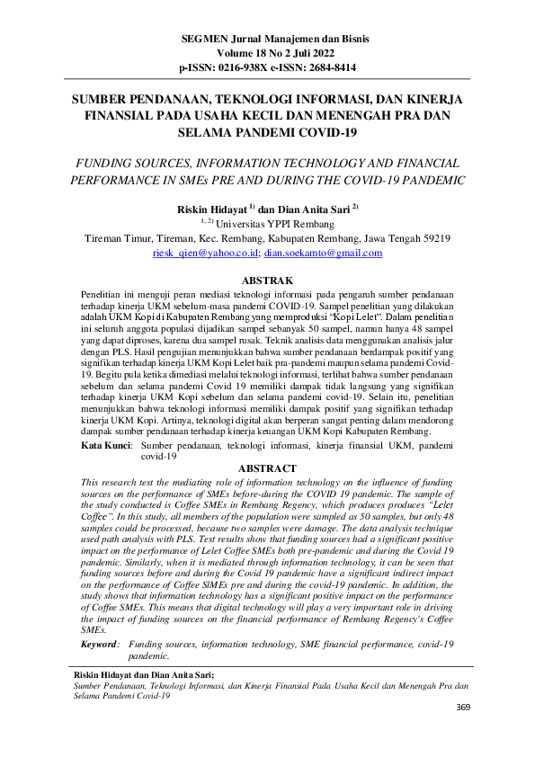 (PDF) Sumber Pendanaan, Teknologi Informasi, Dan Kinerja Finansial Pada ...