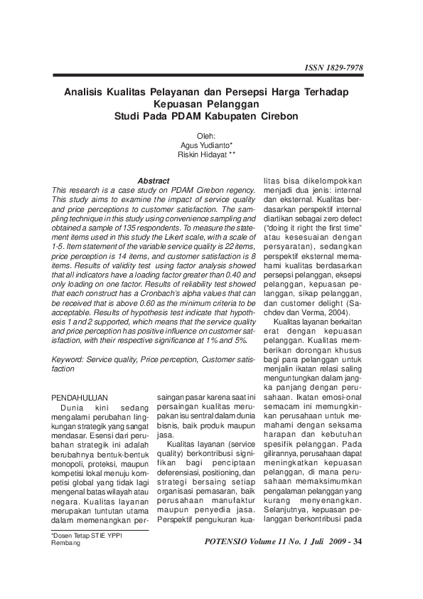 (PDF) Analisis Kualitas Pelayanan dan Persepsi Harga Terhadap Kepuasan Pelanggan Studi Pada PDAM ...