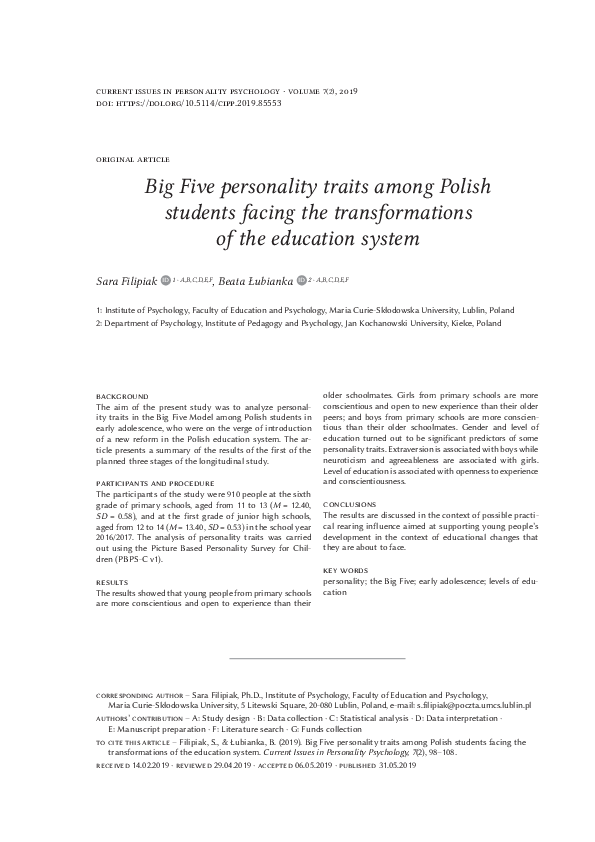 (PDF) Big Five personality traits among Polish students facing the transformations of the ...