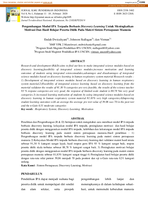 (PDF) Pengembangan Modul IPA Terpadu Berbasis Discovery Learning Untuk Meningkatkan Motivasi Dan ...