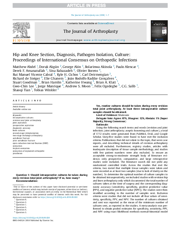 (PDF) Hip and Knee Section, Diagnosis, Pathogen Isolation, Culture ...