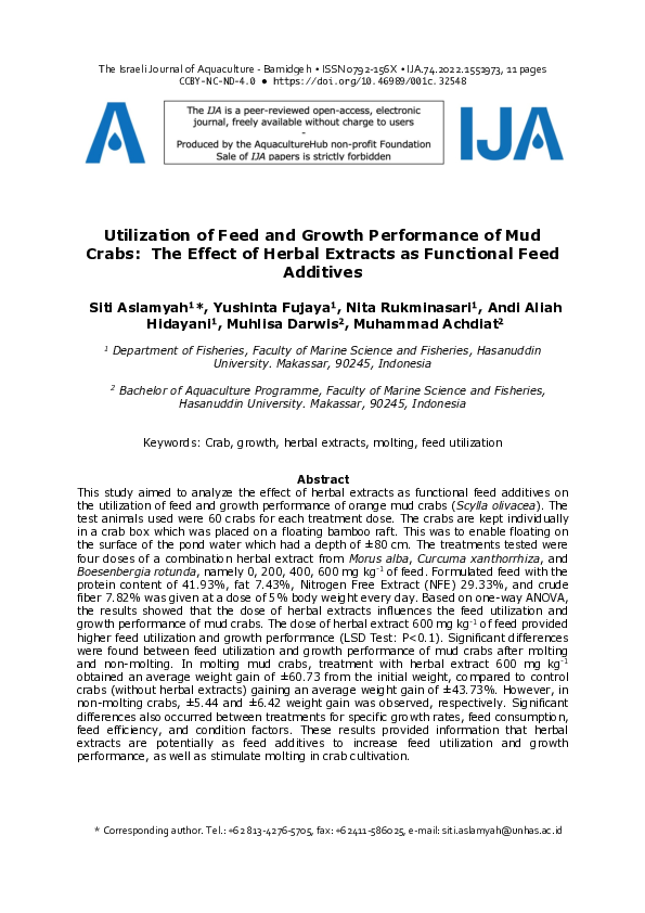 (PDF) Utilization of Feed and Growth Performance of Mud Crabs: The Effect of Herbal Extracts as ...