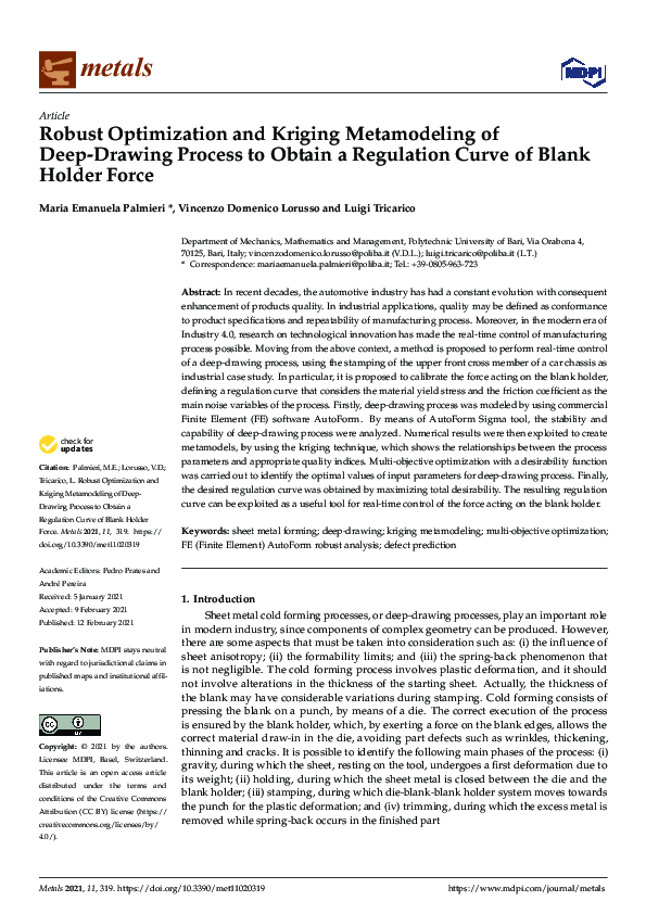 Pdf Robust Optimization And Kriging Metamodeling Of Deep Drawing