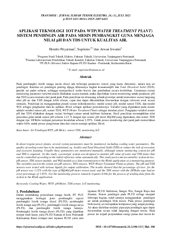 (PDF) APLIKASI TEKNOLOGI IOT PADA WTP(WATER TREATMENT PLANT) SISTEM PENDINGIN AIR PADA MESIN ...