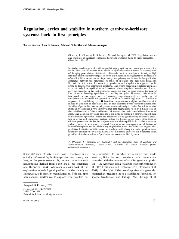 (PDF) Regulation, cycles and stability in northern carnivore-herbivore ...