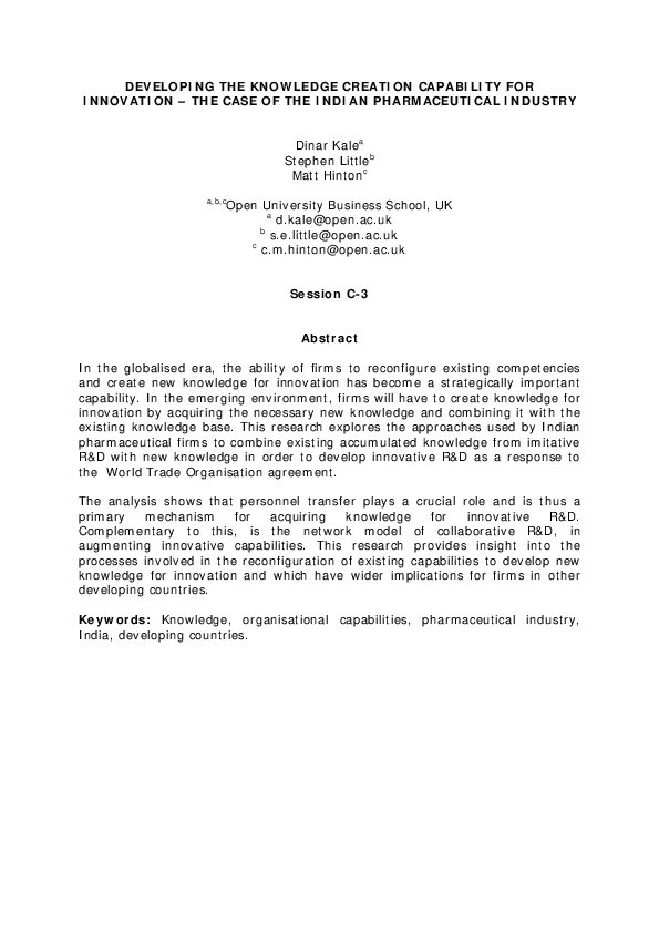 (PDF) Developing knowledge creation capability for innovation: The case of Indian pharmaceutical ...