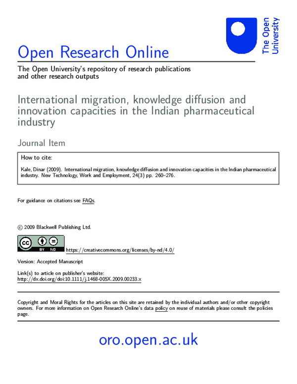 (PDF) International migration, knowledge diffusion and innovation capacities in the Indian ...