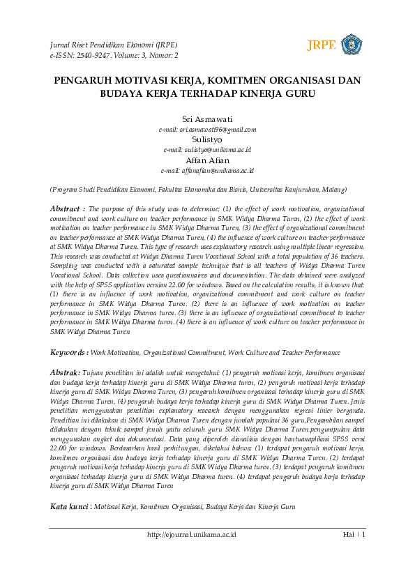 (PDF) Pengaruh Motivasi Kerja, Komitmen Organisasi Dan Budaya Kerja Terhadap Kinerja Guru