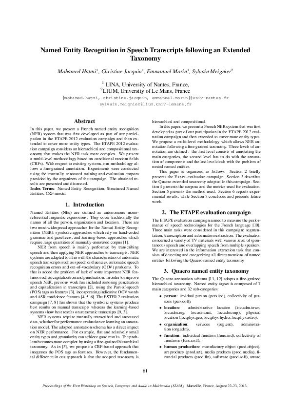 (PDF) Named Entity Recognition in Speech Transcripts following an Extended Taxonomy