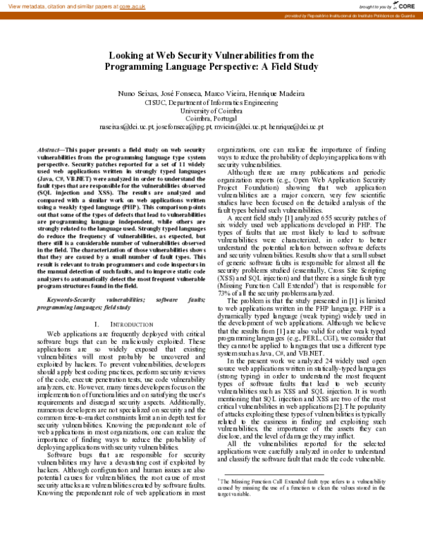 (PDF) Looking at web security vulnerabilities from the programming language perspective: A field ...