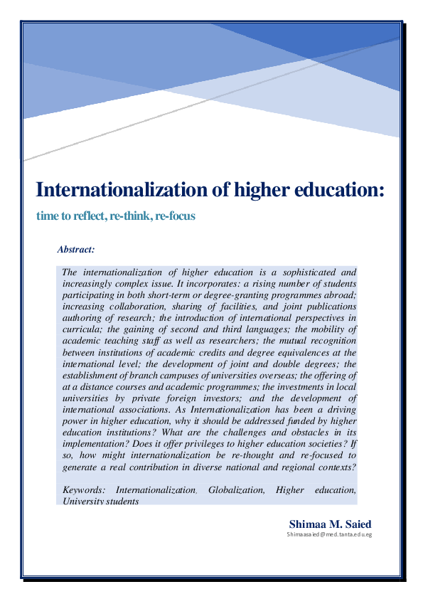 (PDF) Internationalization of higher education: time to reflect, re ...