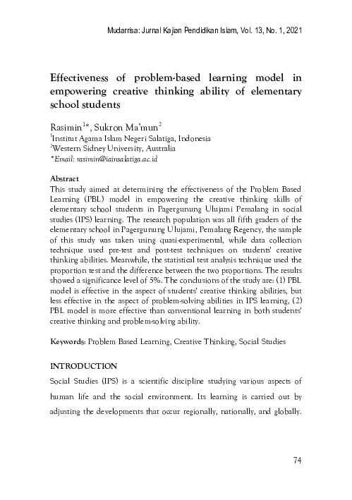 (PDF) Effectiveness of problem-based learning model in empowering creative thinking ability of ...
