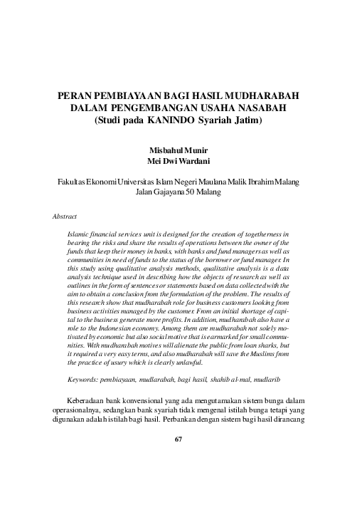 (PDF) PERAN PEMBIAYAAN BAGI HASIL MUDHARABAH DALAM PENGEMBANGAN USAHA NASABAH (Studi pada ...