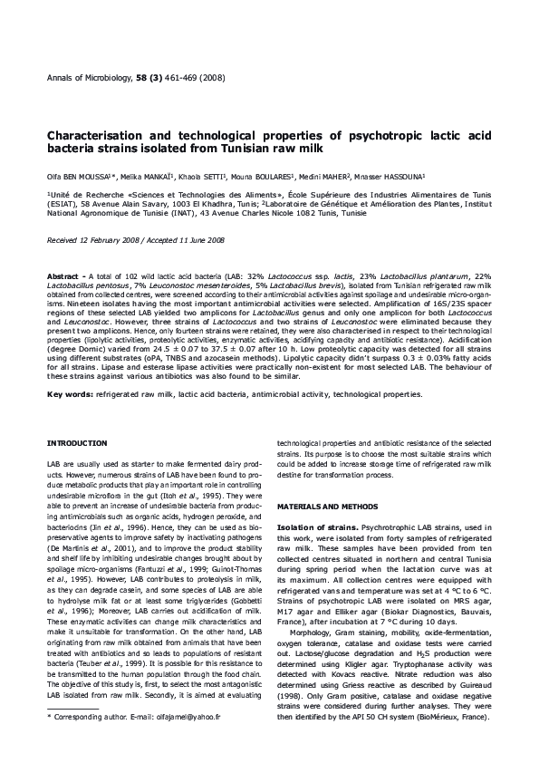(PDF) Characterisation and technological properties of psychotropic lactic acid bacteria strains ...
