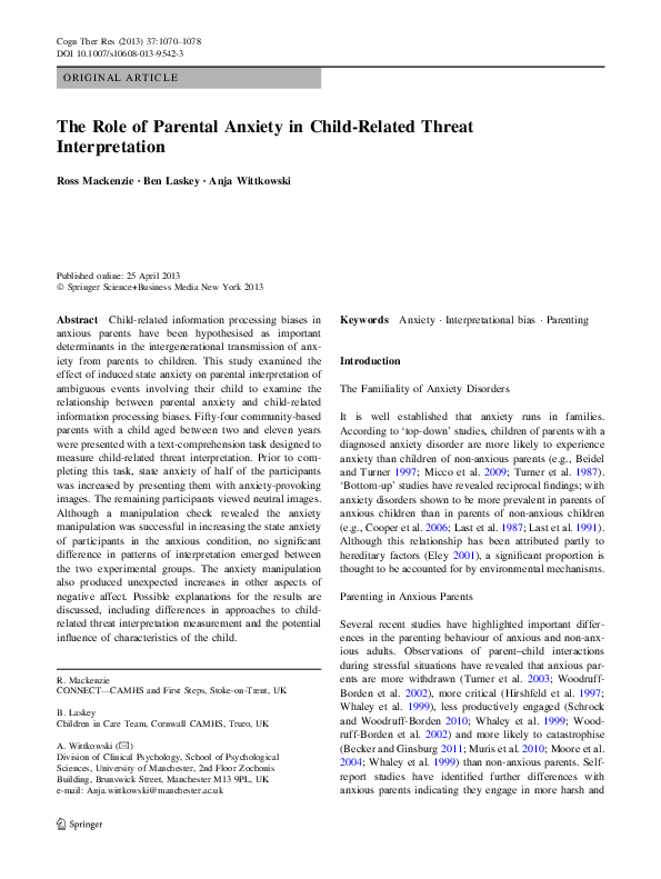 (PDF) The Role of Parental Anxiety in Child-Related Threat Interpretation | Ben Laskey ...