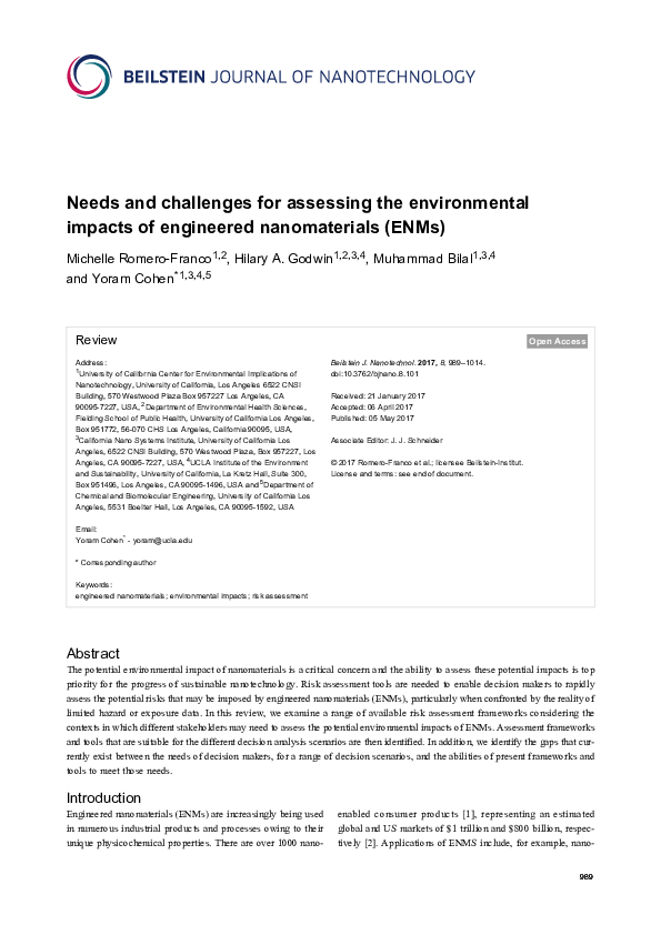 (PDF) Needs and challenges for assessing the environmental impacts of engineered nanomaterials ...