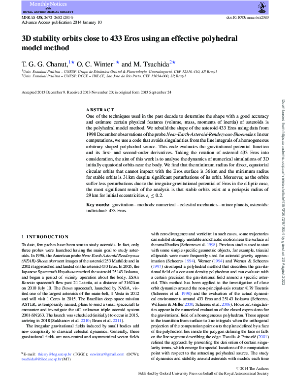 (PDF) 3D stability orbits close to 433 Eros using an effective polyhedral model method | Thierry ...