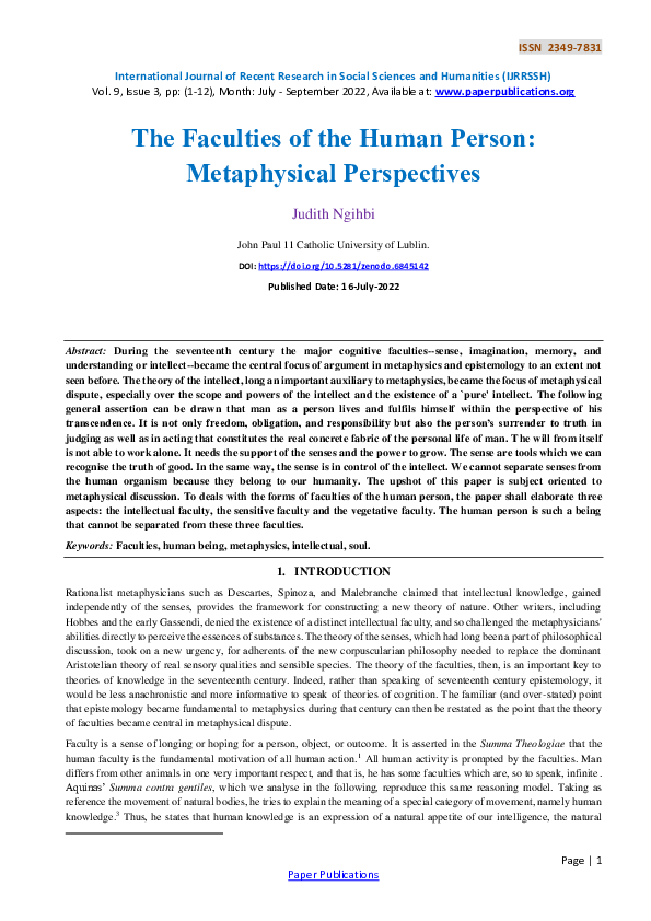 (PDF) The Faculties of the Human Person: Metaphysical Perspectives