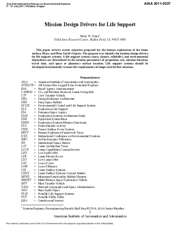 (PDF) Mission Design Drivers for Life Support