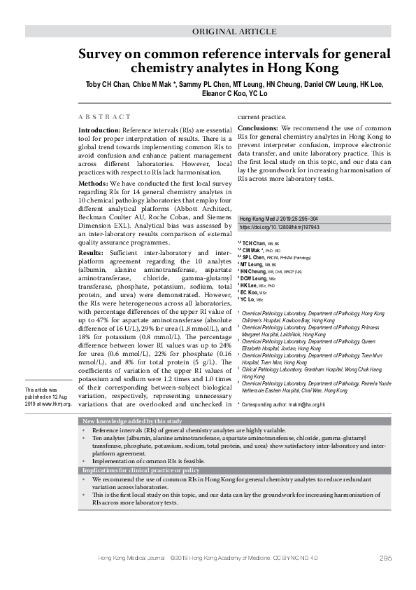 (PDF) Survey on common reference intervals for general chemistry ...