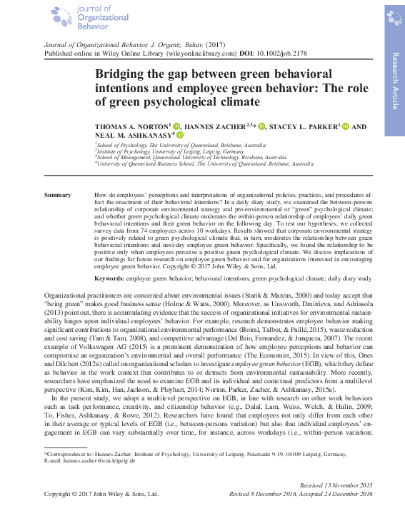 (PDF) Bridging the gap between green behavioral intentions and employee ...