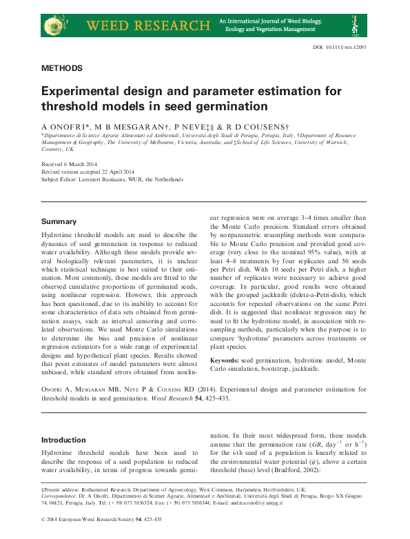(PDF) Experimental design and parameter estimation for threshold models in seed germination