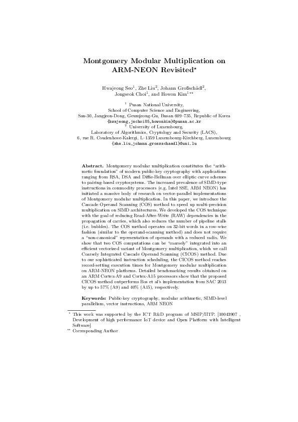 (PDF) Montgomery Modular Multiplication on ARM-NEON Revisited