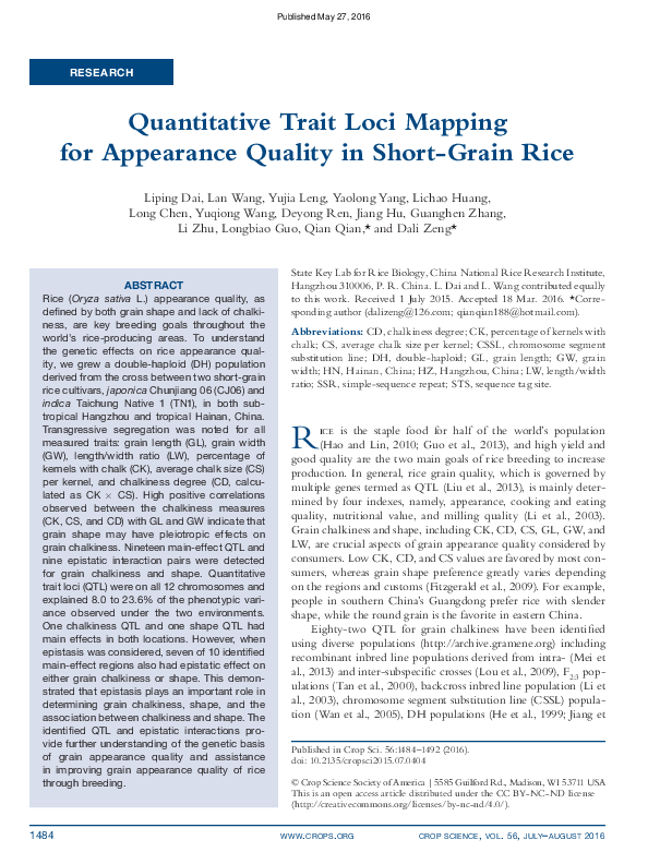 (PDF) Quantitative Trait Loci Mapping for Appearance Quality in Short-Grain Rice | Dali Zeng ...