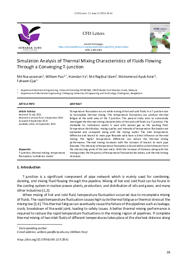 (PDF) Simulation Analysis of Thermal Mixing Characteristics of Fluids ...