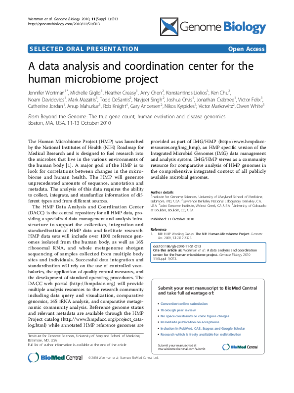 (PDF) A data analysis and coordination center for the human microbiome project | Noam Davidovics ...
