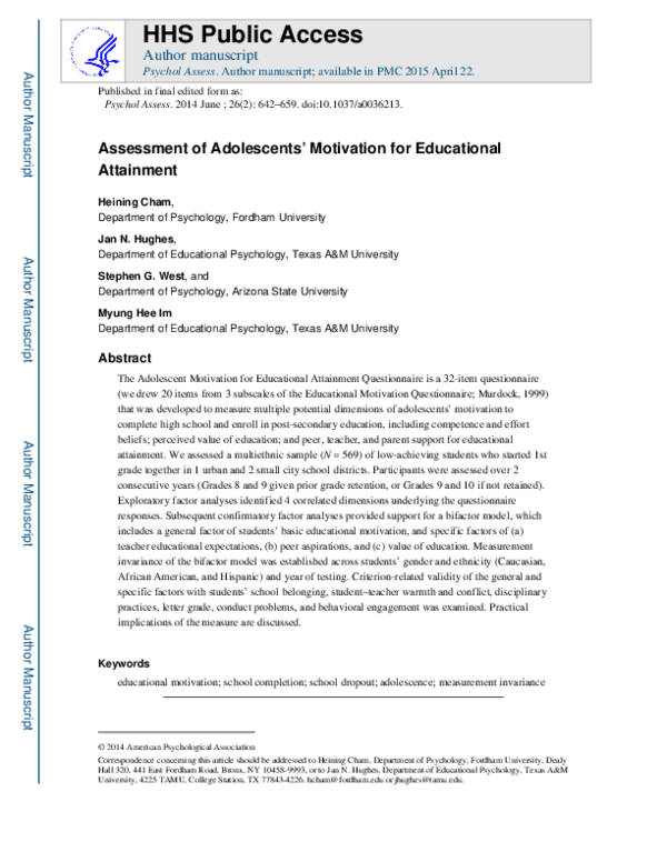 (PDF) Assessment of adolescents’ motivation for educational attainment
