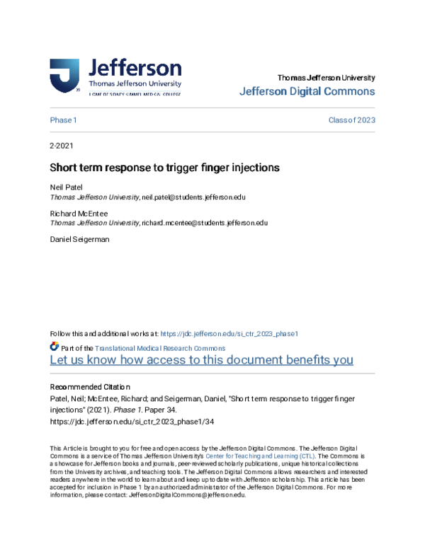 (PDF) Short term response to trigger finger injections