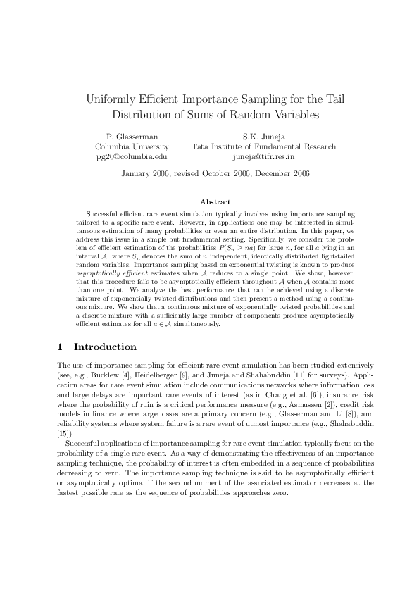 (PDF) Uniformly Efficient Importance Sampling for the Tail Distribution of Sums of Random Variables