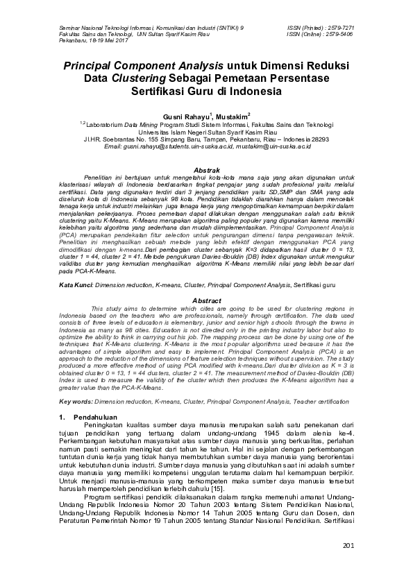 (PDF) Principal Component Analysis Untuk Dimensi Reduksi Data Clustering Sebagai Pemetaan ...