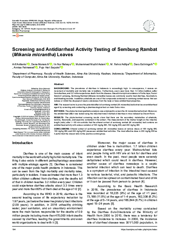 (PDF) Screening and Antidiarrheal Activity Testing of Sembung Rambat ...