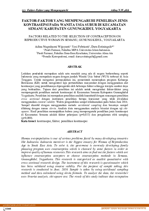 (PDF) Faktor-Faktor Yang Mempengaruhi Pemilihan Jenis Kontrasepsi Pada Wanita Usia Subur DI ...