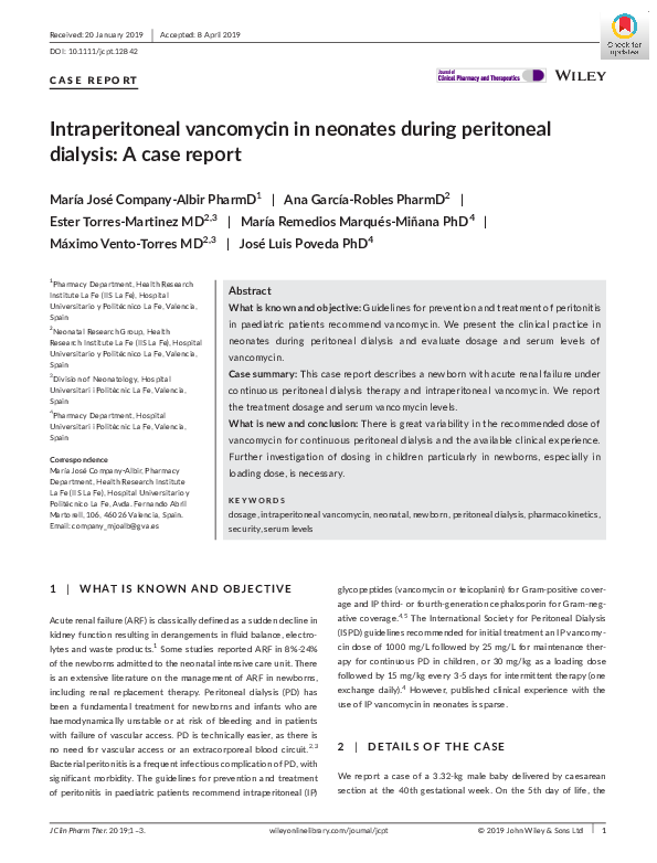 (PDF) Intraperitoneal vancomycin in neonates during peritoneal dialysis ...