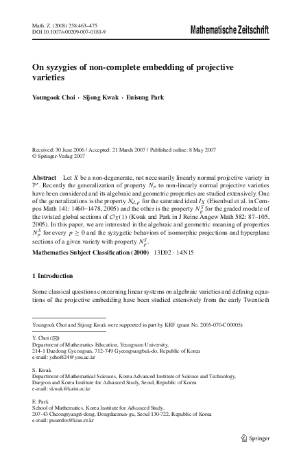 (PDF) On syzygies of non-complete embedding of projective varieties